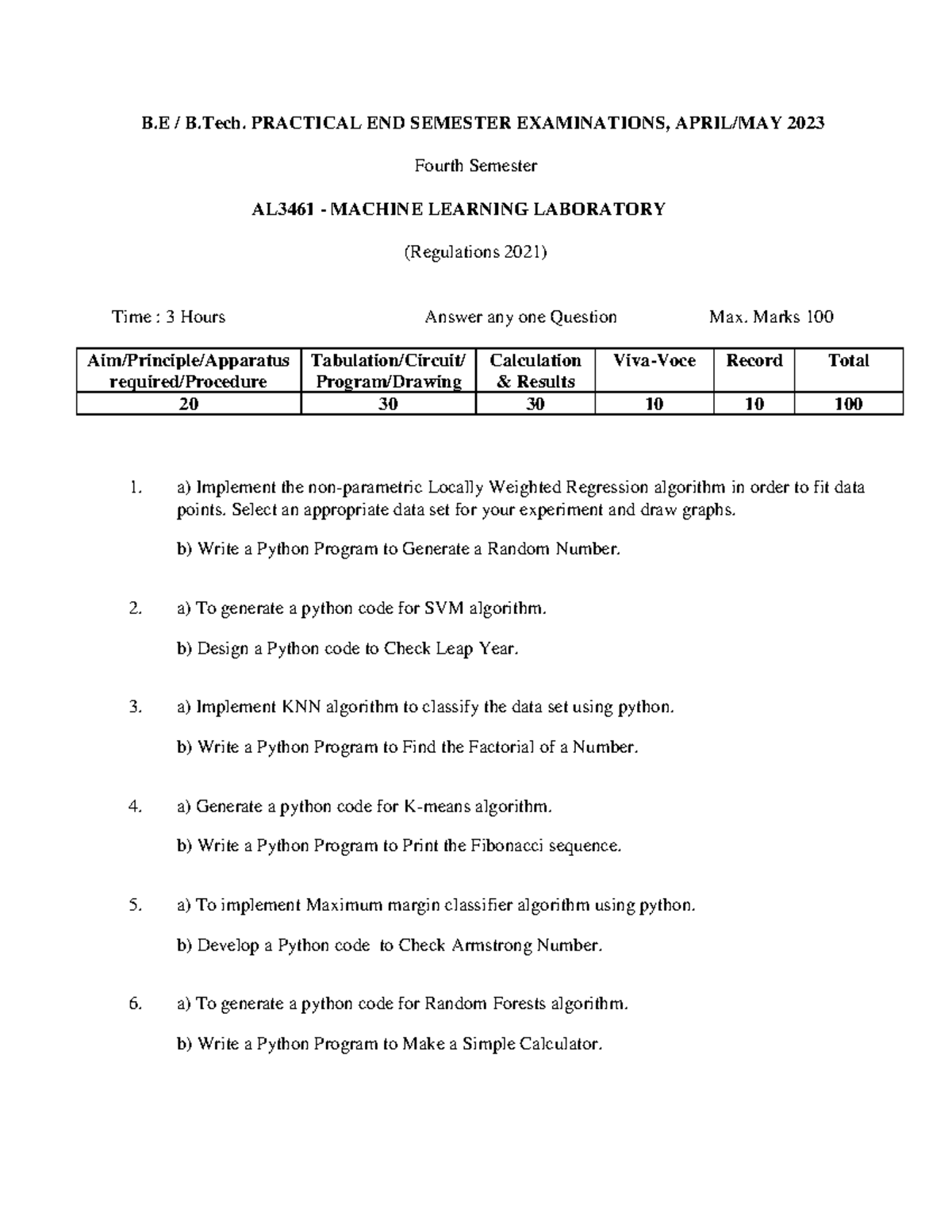 AD3461 MACHINE LEARNING LAB PRACTICAL EXAM QUESTIONS SET 1 - Studocu