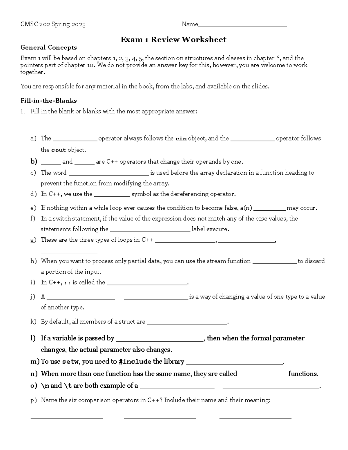 CMSC 202 - Exam 1 - Worksheet - SP23 - CMSC 202 Spring 2023 Name Exam 1 ...