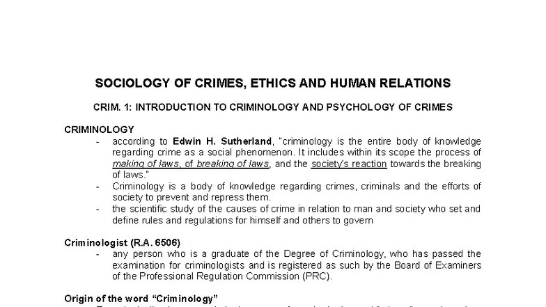 CRIM. 1: Intro to Criminology & Psychology of Crimes Overview - Studocu