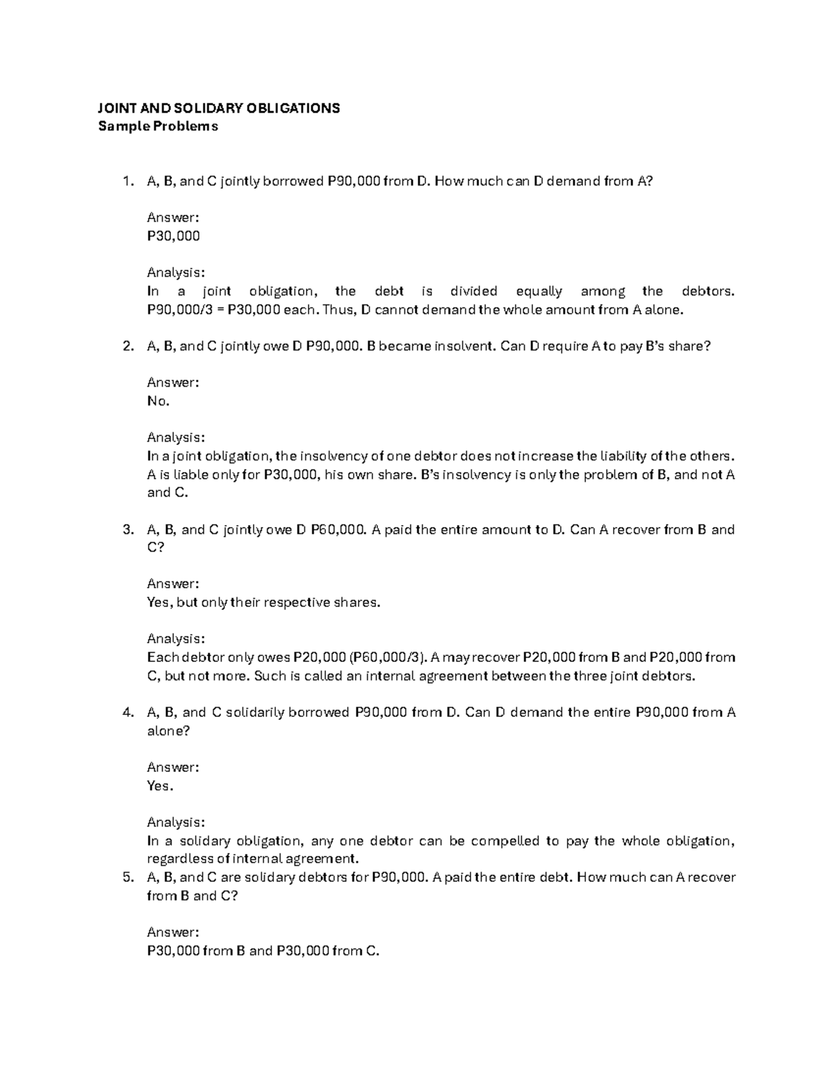 JOINT AND SOLIDARY OBLIGATIONS: Sample Problems and Analysis - Studocu