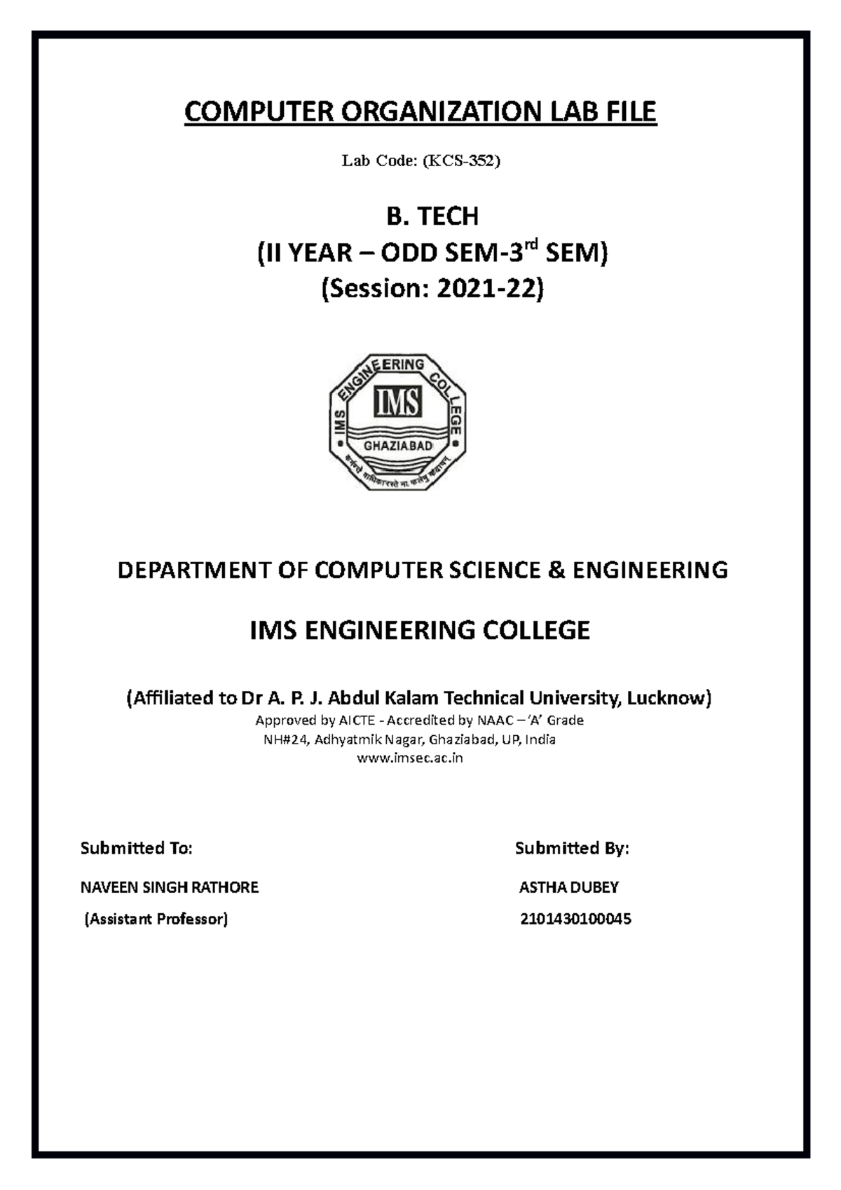 lab manualby aktu - COMPUTER ORGANIZATION LAB FILE Lab Code: (KCS-352) B. TECH (II YEAR – ODD ...