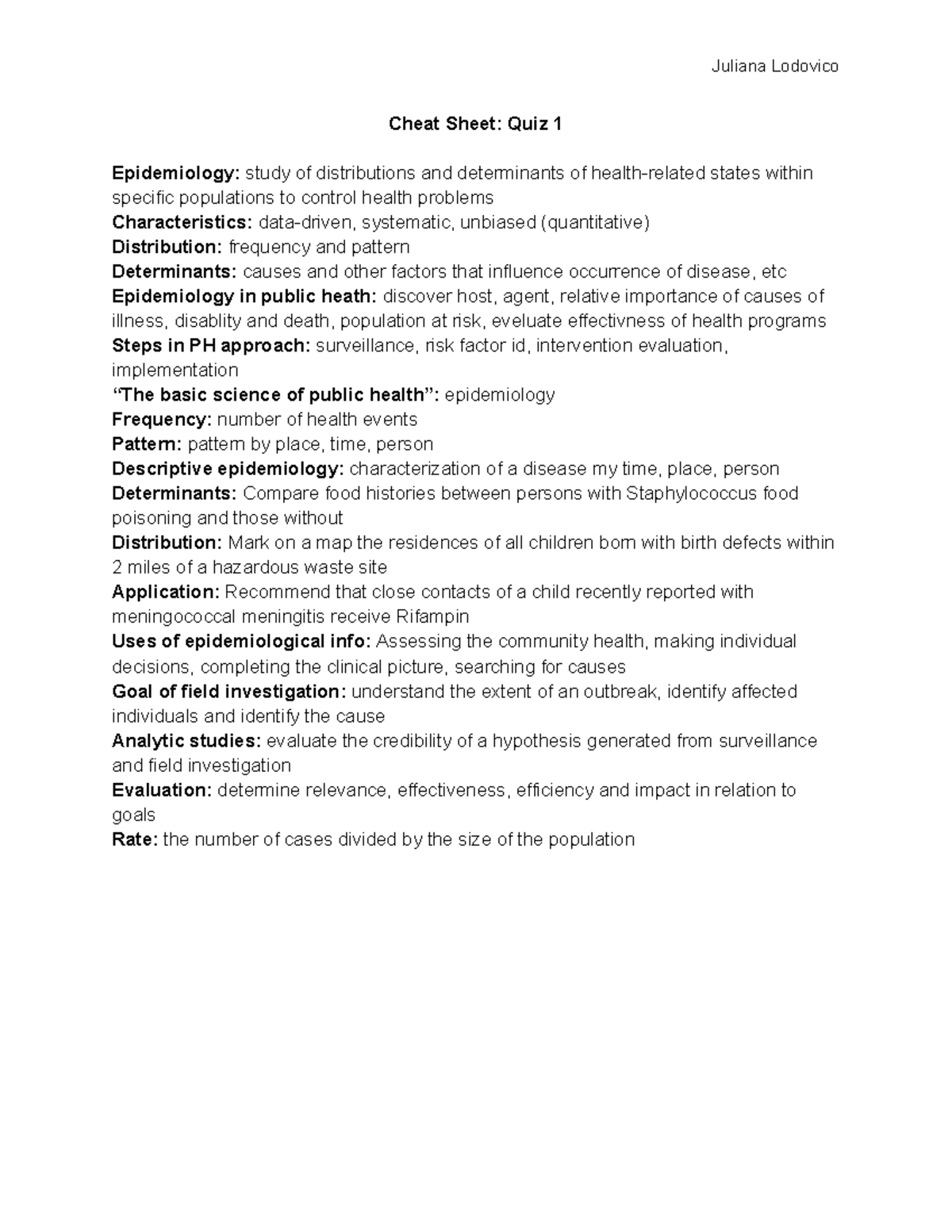 Epidemiology Cheat Sheet: Key Concepts for Quiz 1 (Course Code) - Studocu