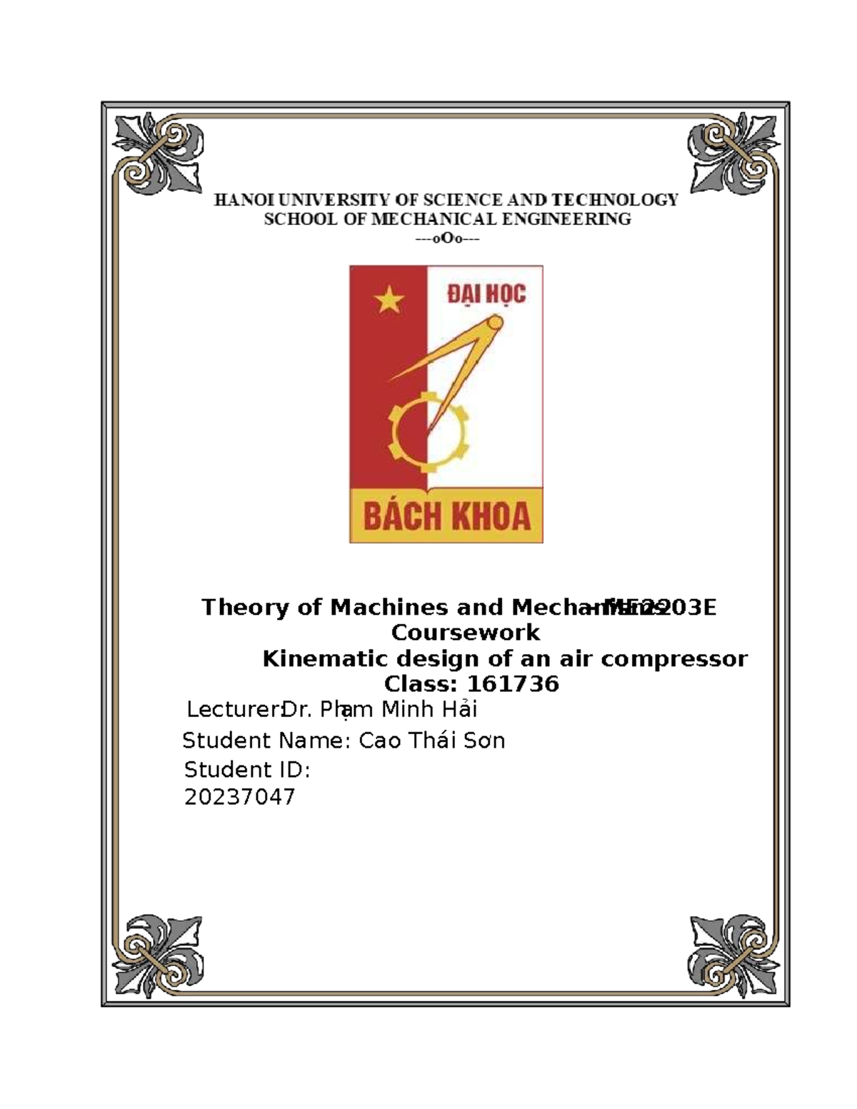 Kinematic Design of an Air Compressor: ME2203E Case Study - Studocu