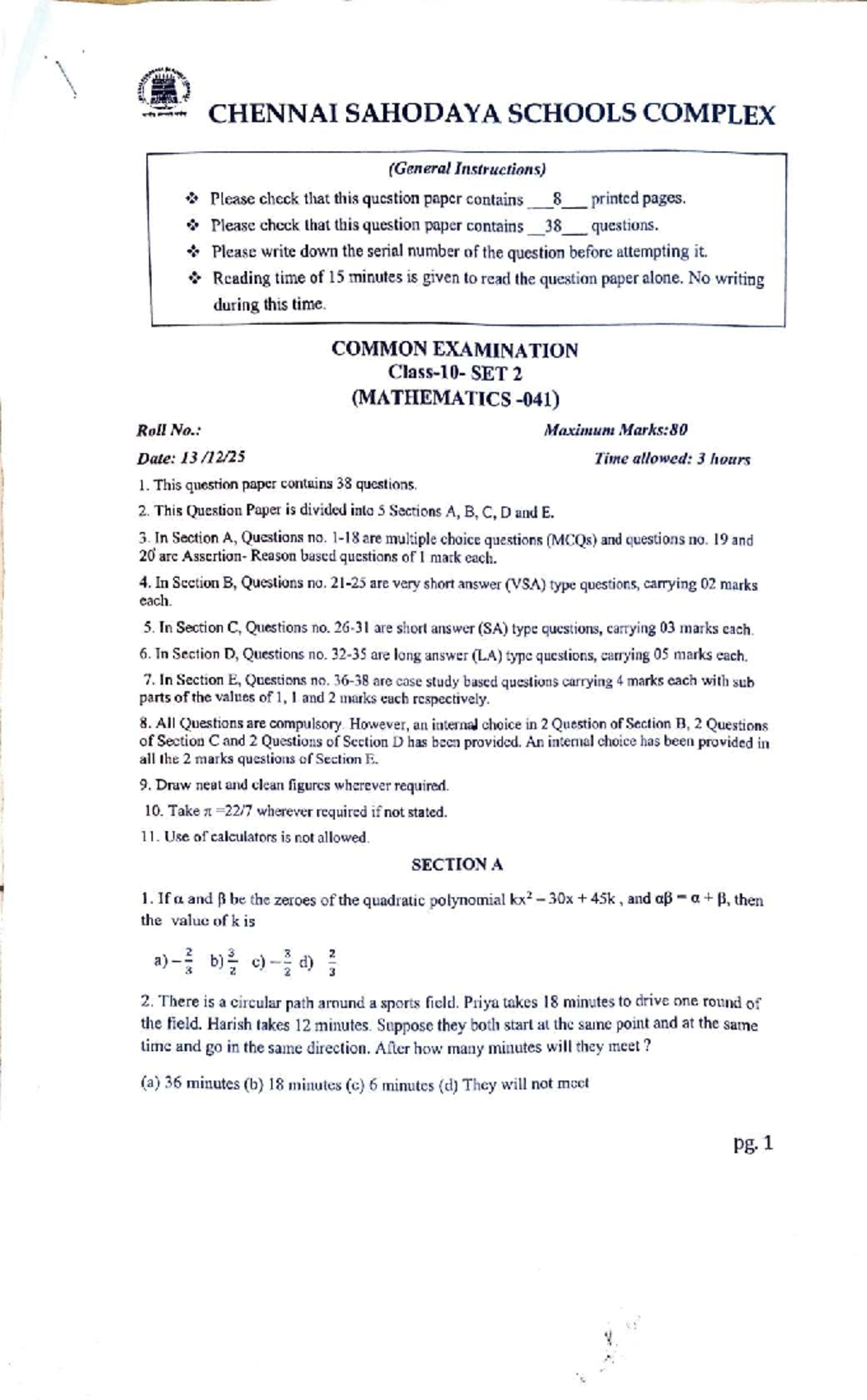 Class 10 Chennai Sahodaya Mathematics-Standard (041) Question Paper ...