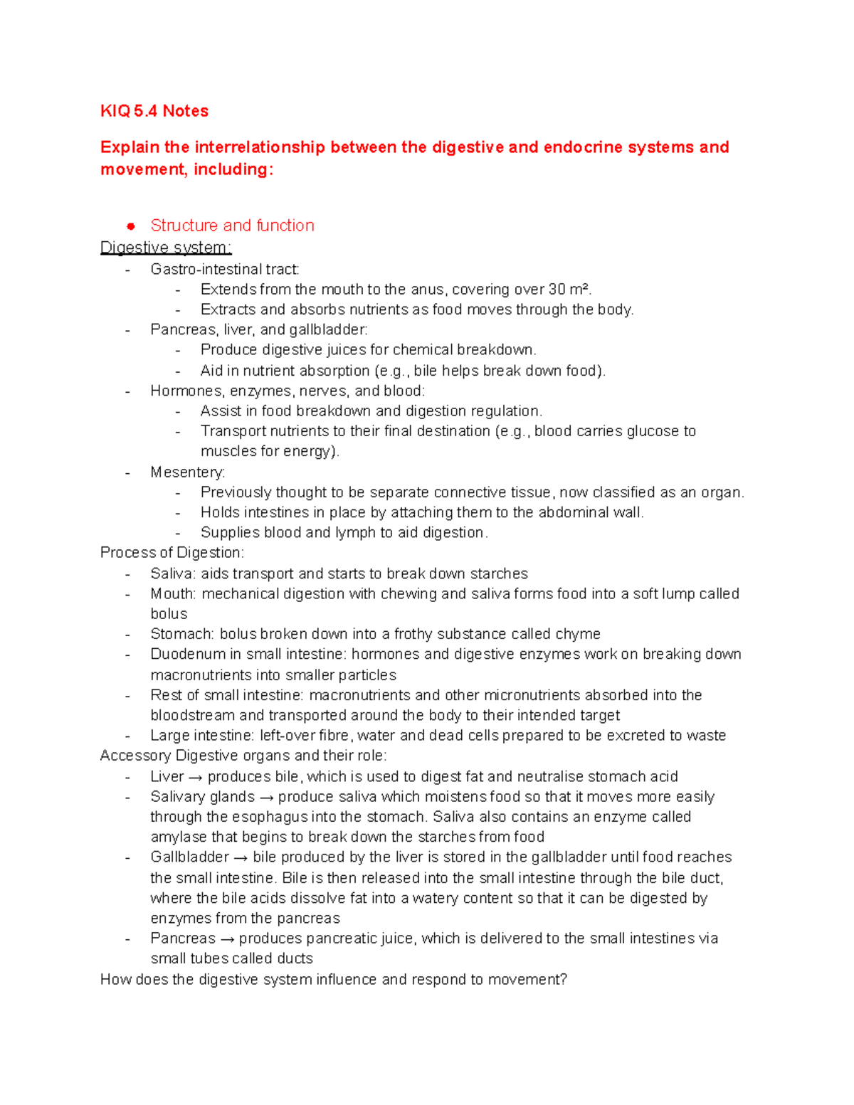KIQ 5.4 Notes: Interrelationship of Digestive & Endocrine Systems - Studocu