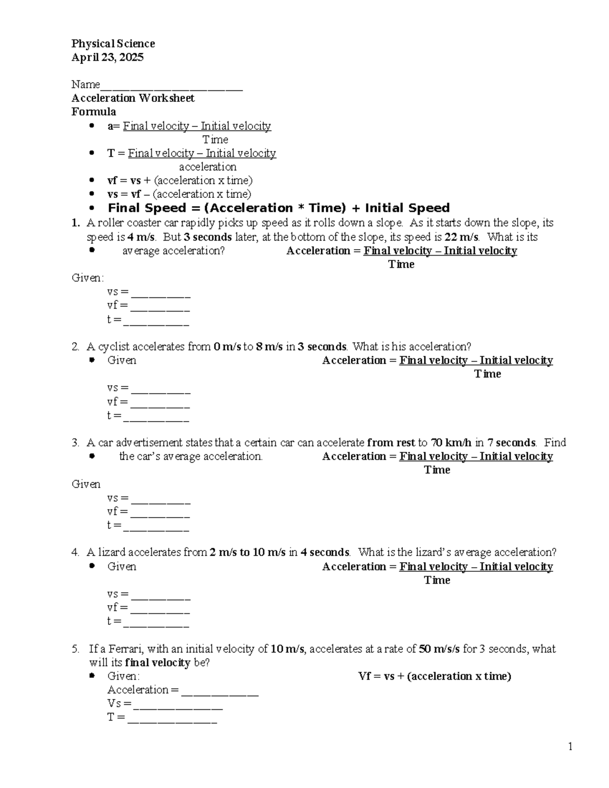 Acceleration Worksheet for Physical Science (Final Exam) - Studocu