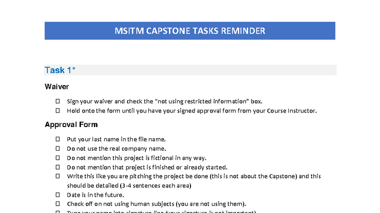 MSITM Capstone Task Checklist and Waiver Instructions - Studocu
