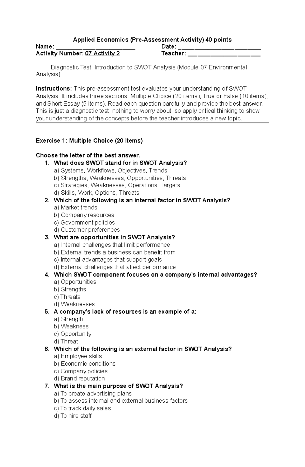 07 Diagnostic Test: Understanding SWOT Analysis in Applied Economics ...