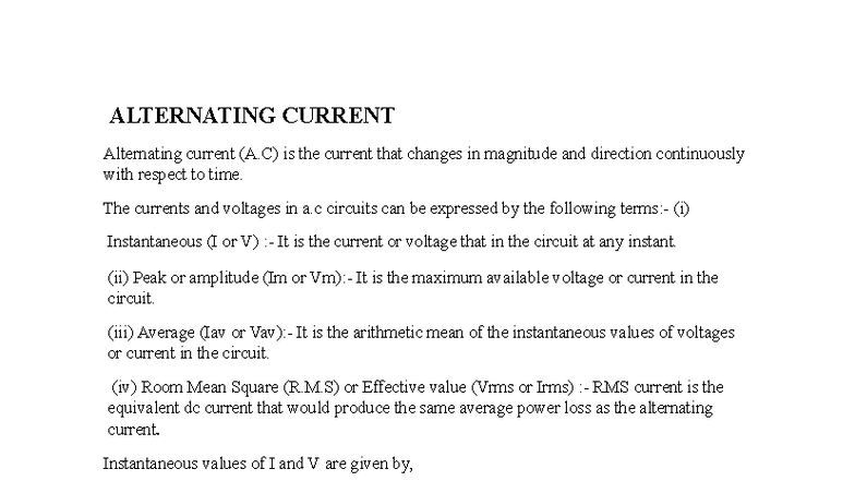Class 12 - Alternating Current Concepts and Applications - Studocu