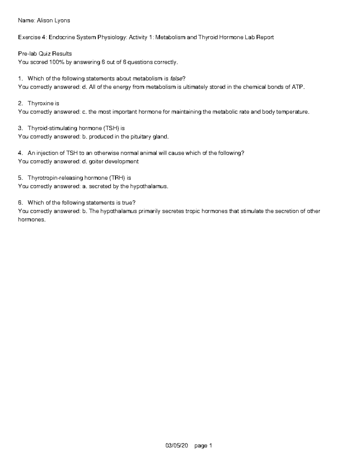 PhysioEx 9.1 Exercise 4: Endocrine Physiology Lab Report Activity 1 ...