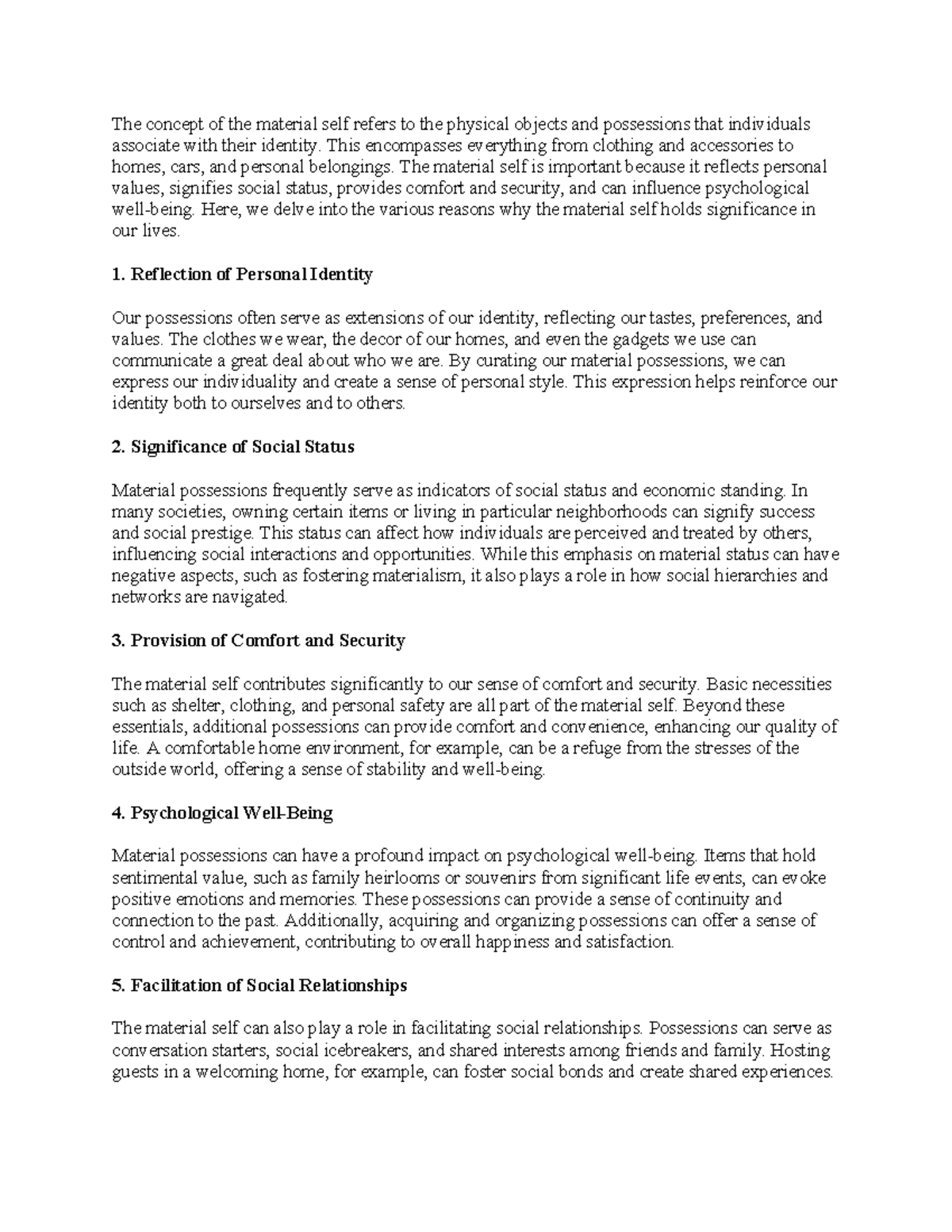 The Significance of the Material Self in Personal Identity and Well ...