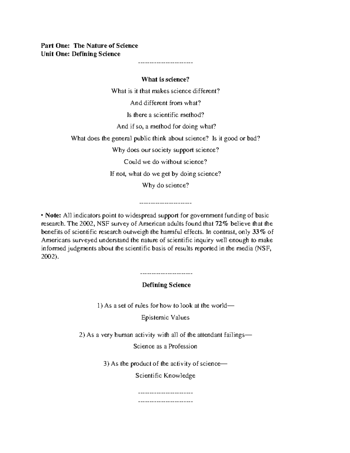 Units 1-2 - Defining Science and Epistemic Values - Part One: The ...