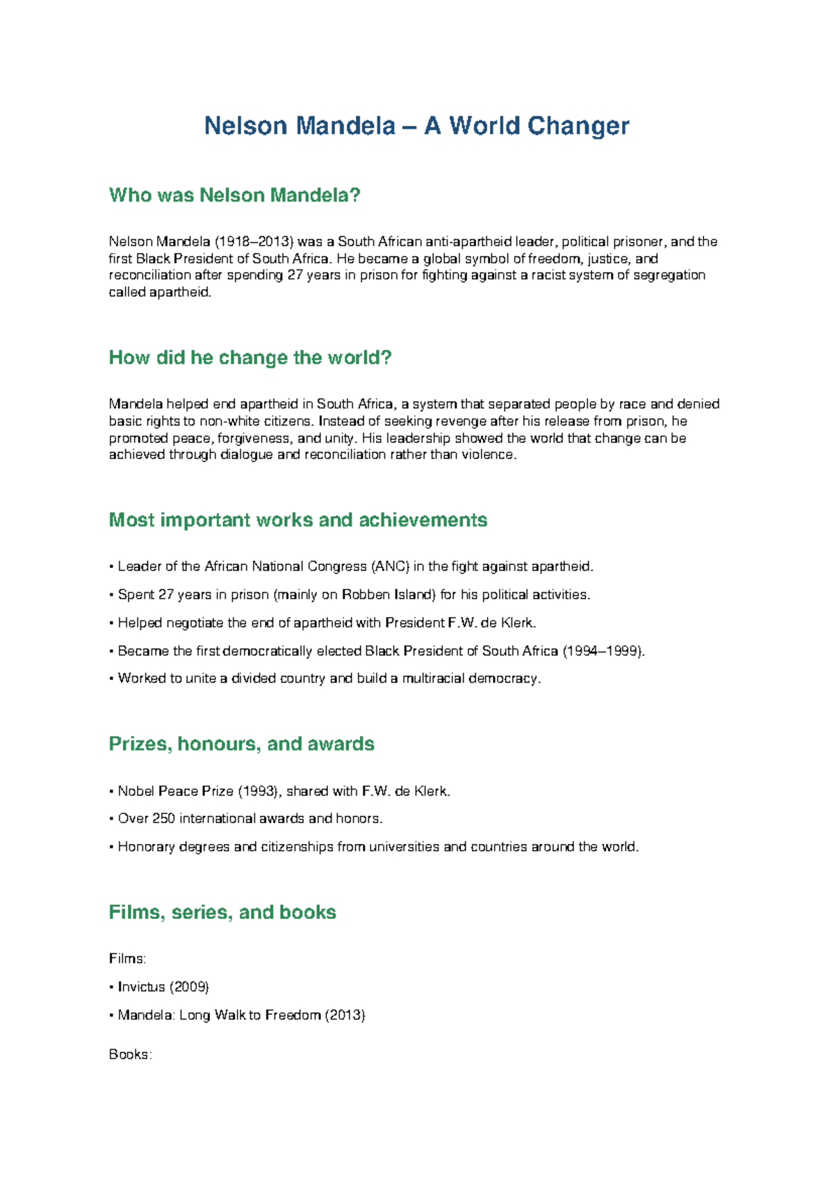 Nelson Mandela: A World Changer - Visual Poster Overview - Studocu