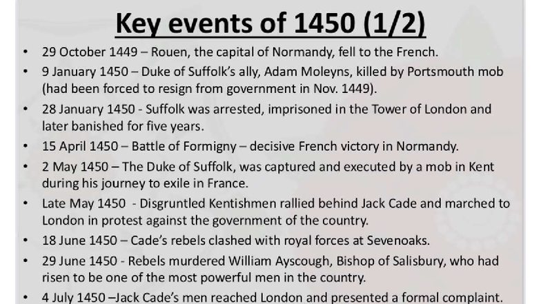 War of the Roses Timeline: Key Events from 1450 to 1499 - Studocu