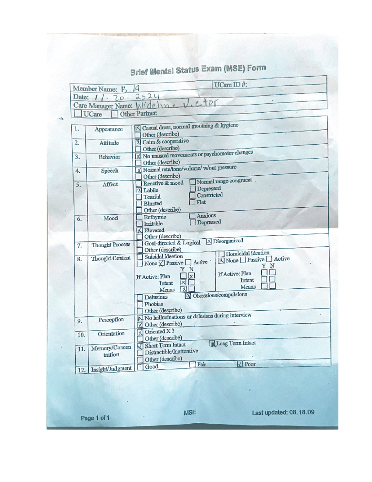 Brief Mental Status Exam (MSE) Form - A UCare ID Date: 11.20 Care ...