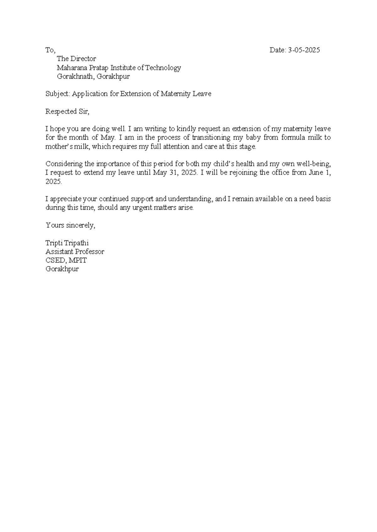 Application for Extension of Maternity Leave - CSED, MPIT - Studocu