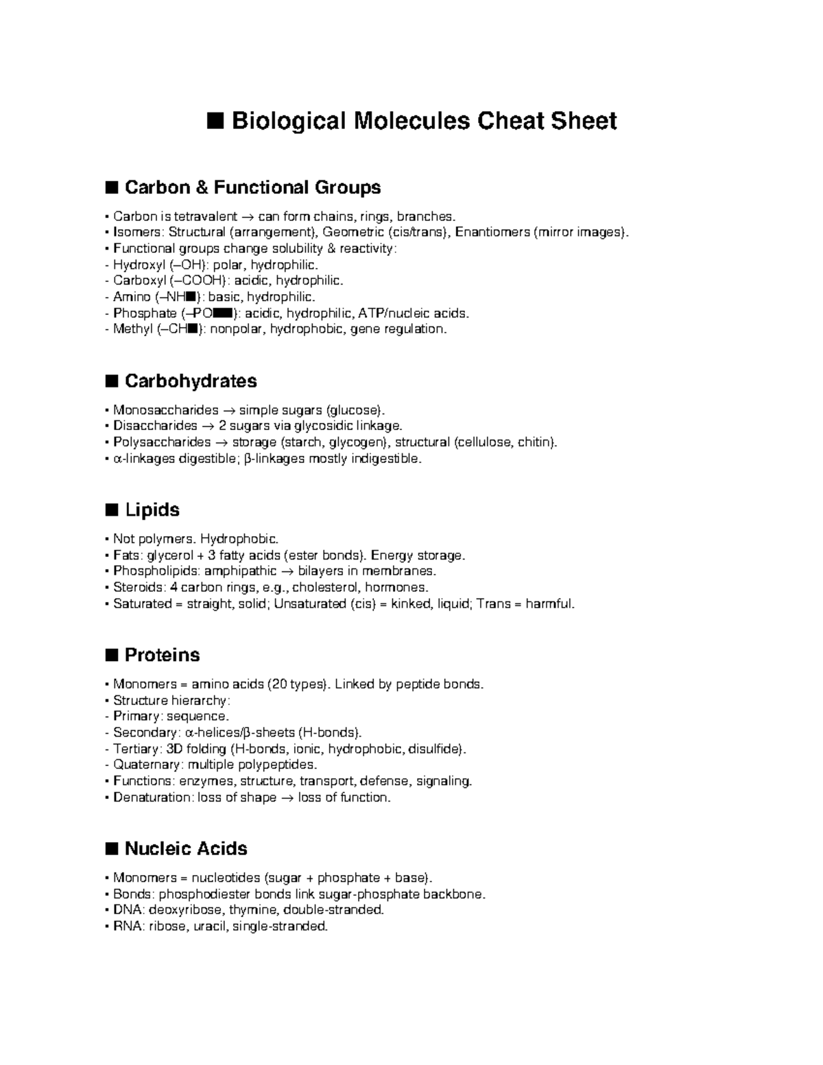 Biological Molecules Cheat Sheet: Key Concepts & Functional Groups ...