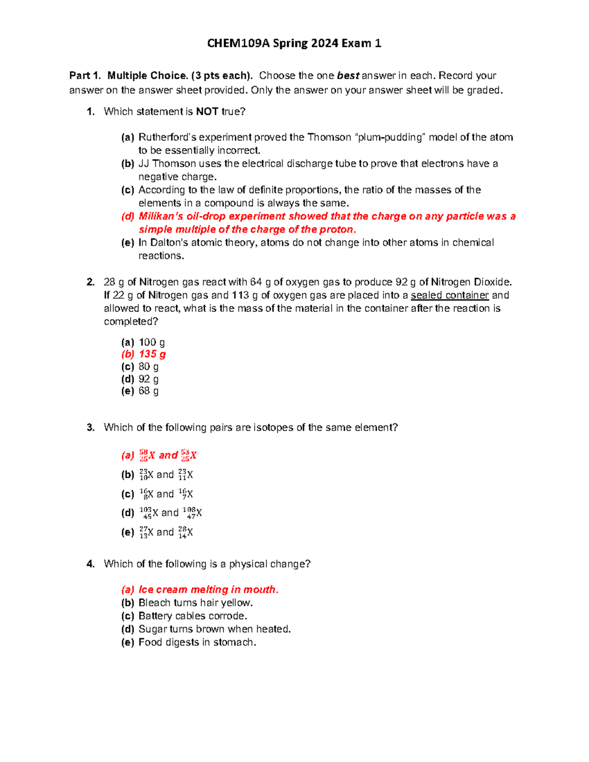 Chem 109 Exam 1 Spring 2024 (Answer Key & Solutions) - Studocu