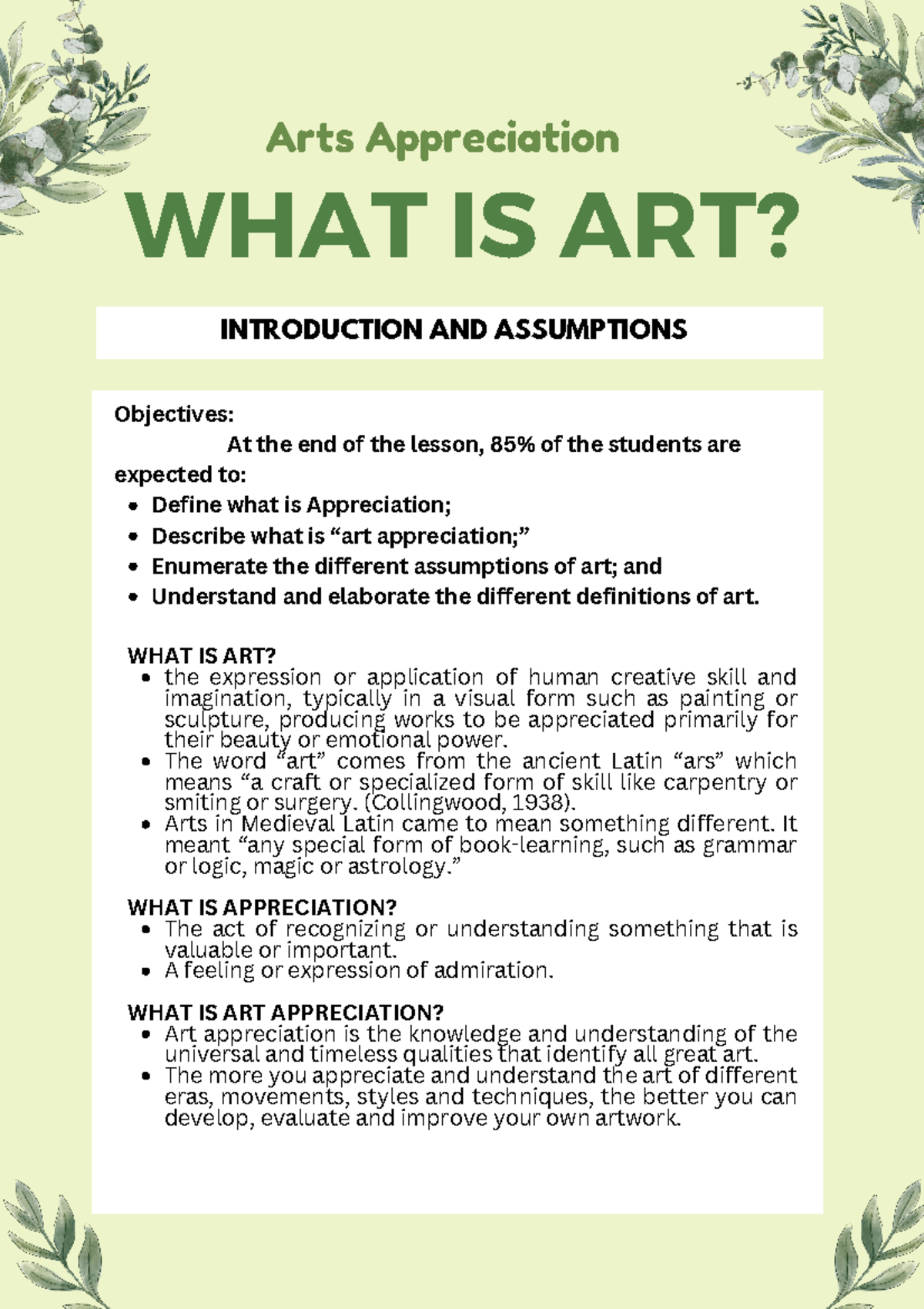 Arts Appreciation Lesson 1: Understanding the Essence of Art - Studocu