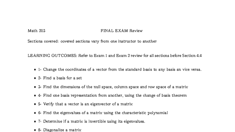 Math 203 FINAL EXAM Review: Key Concepts & Exercises for Fall 2024 ...