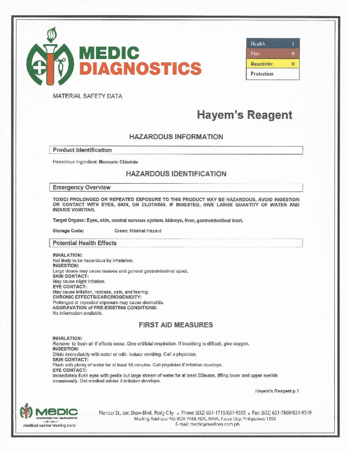 MSDS for Hayem's Solution (MEDIC) - Hazardous Information & Safety ...