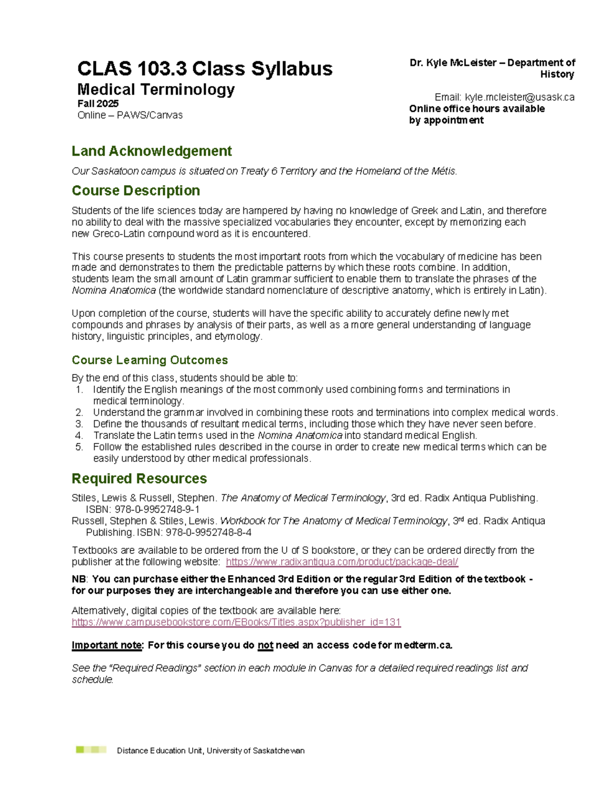 CLAS 103.3 Medical Terminology Syllabus - Fall 2025 - Studocu