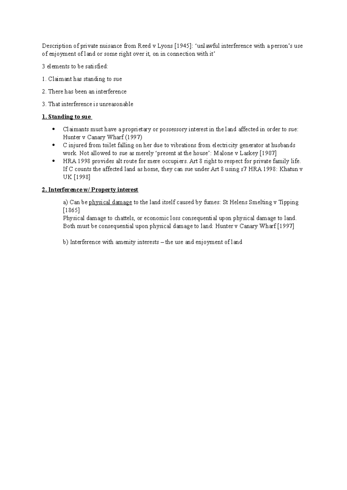 Private Nuisance Summary & Case Analysis (Law 101) - Studocu