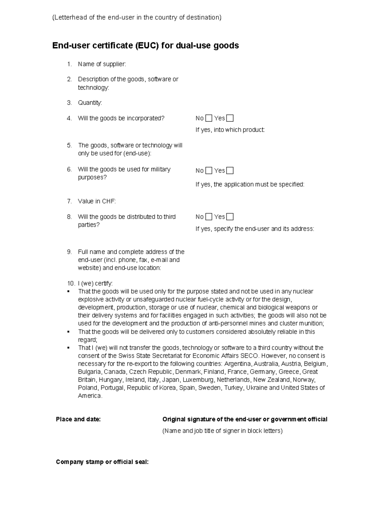 EUC for Dual-Use Goods: Compliance and Certification Guidelines - Studocu