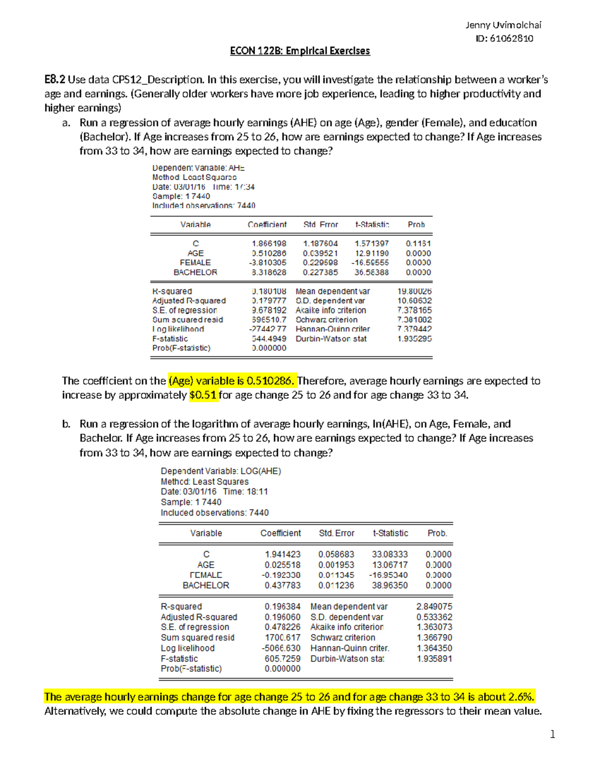 ECON 122B: Empirical Analysis of Age and Earnings Assignment Solution - Studocu