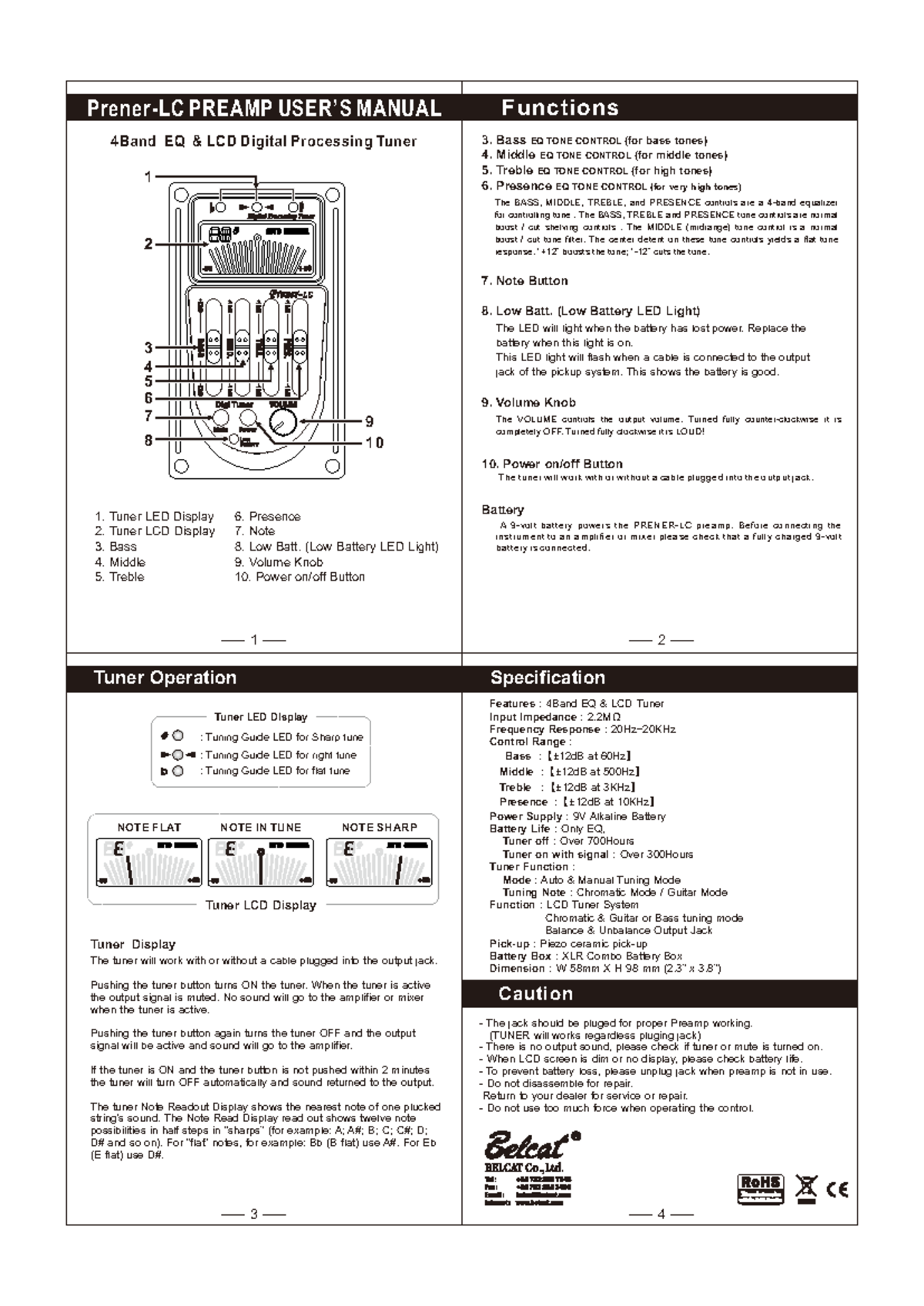 Prener PM 4Band EQ & LCD Tuner User Manual - Studocu