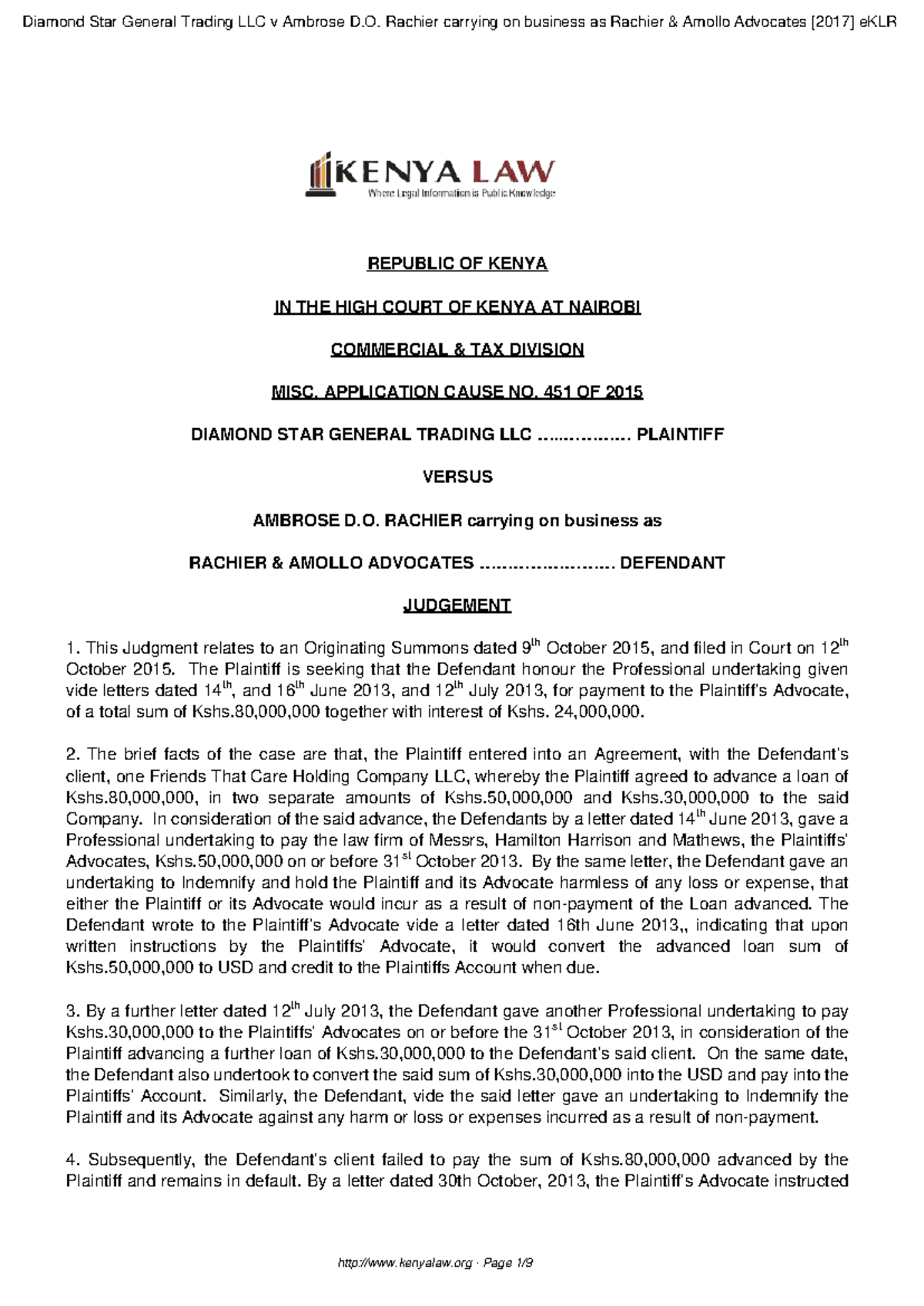 Judgment Analysis: Diamond Star General Trading LLC v Ambrose D.O ...