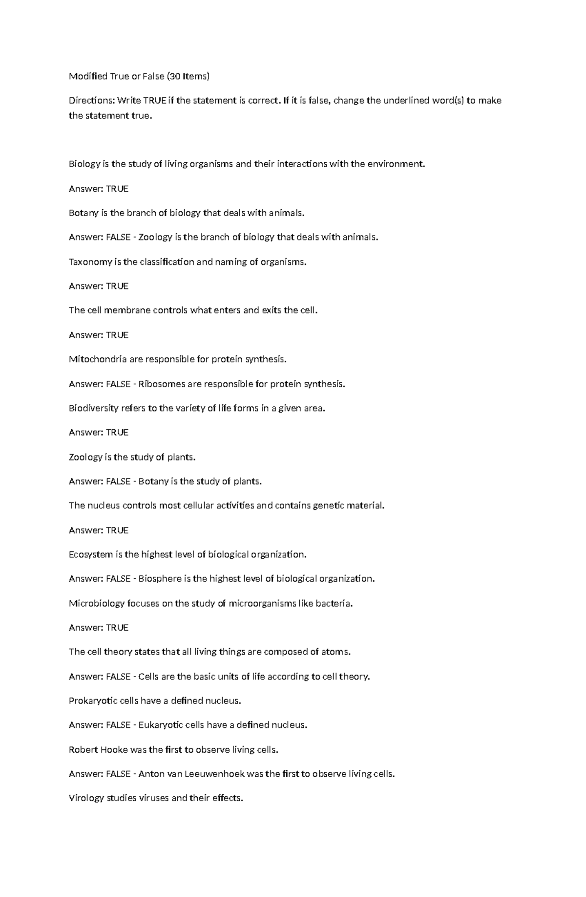 Modified True or False Questions for Biology (Sample Drill) - Studocu