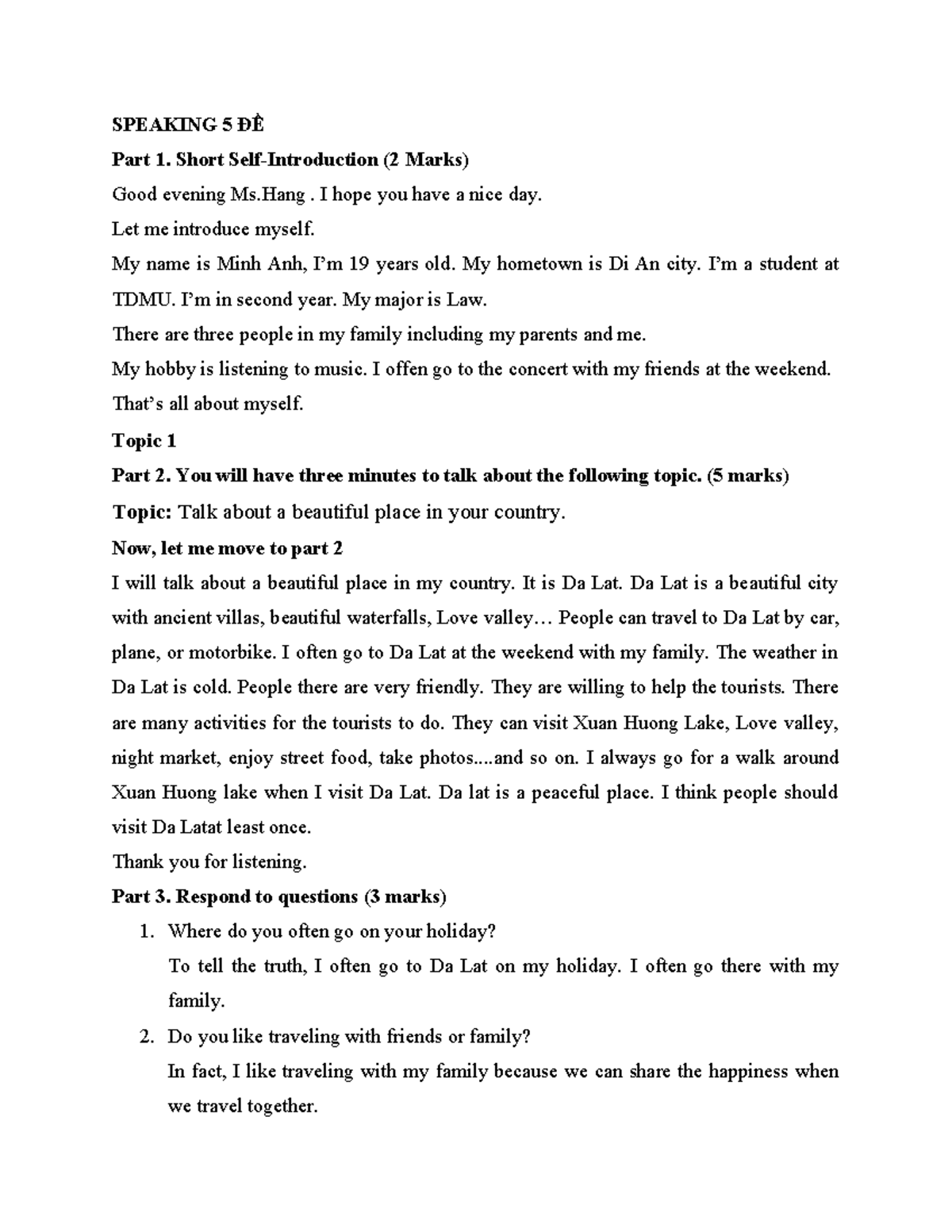 Speaking 5 ĐỀ - 123 - SPEAKING 5 ĐỀ Part 1. Short Self-Introduction (2 ...