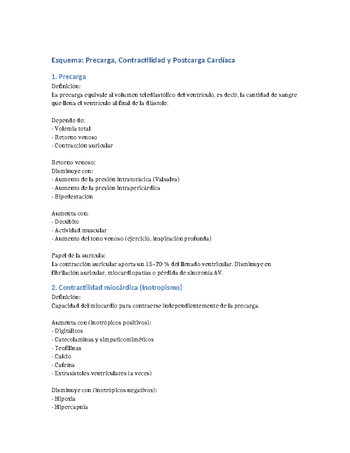 Esquema: Precarga, Contractilidad y Postcarga Cardíaca - Studocu
