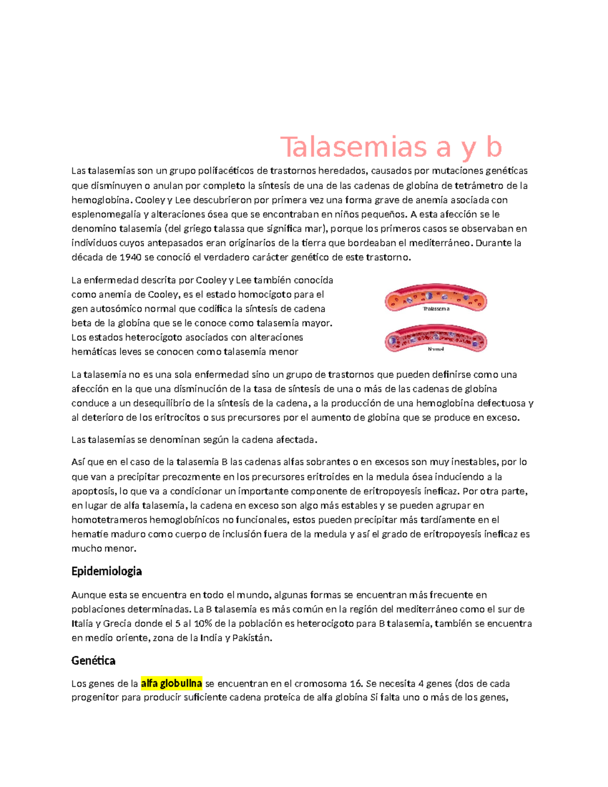 Talasemias: Resumen y Clasificación en Hematología Médica - Studocu