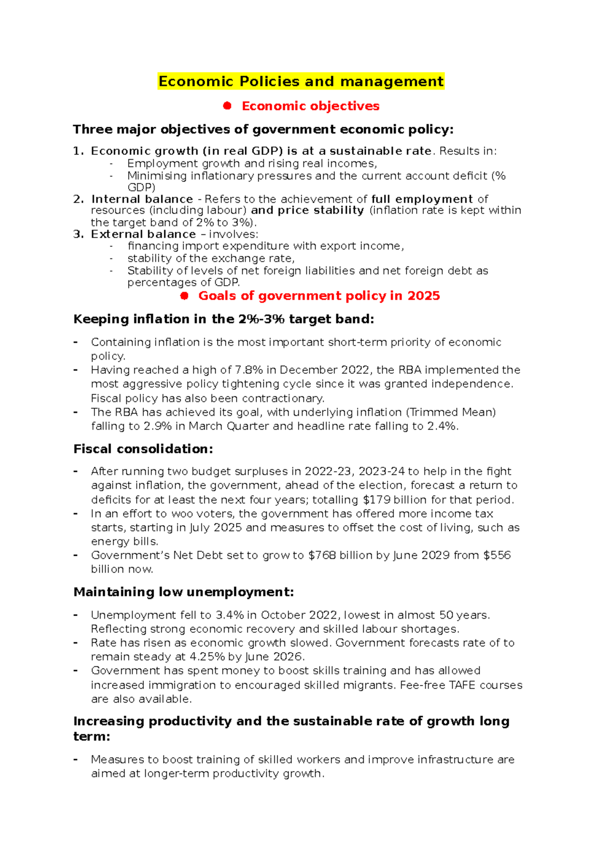 Economic Policies and Management: Key Objectives and Strategies (ECO101 ...