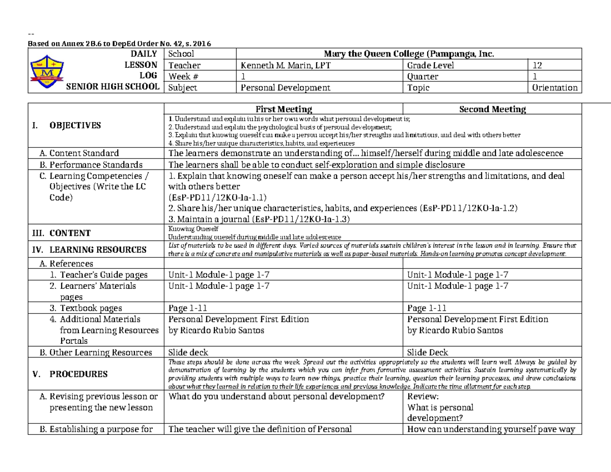 DLL - Per Dev Week 1 - Daily Lesson Log for Senior High School - Studocu