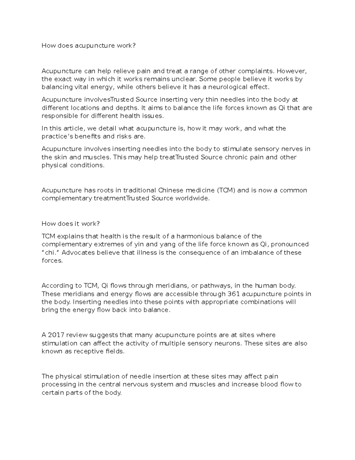 Understanding Acupuncture: Mechanisms, Benefits, and Risks - Studocu