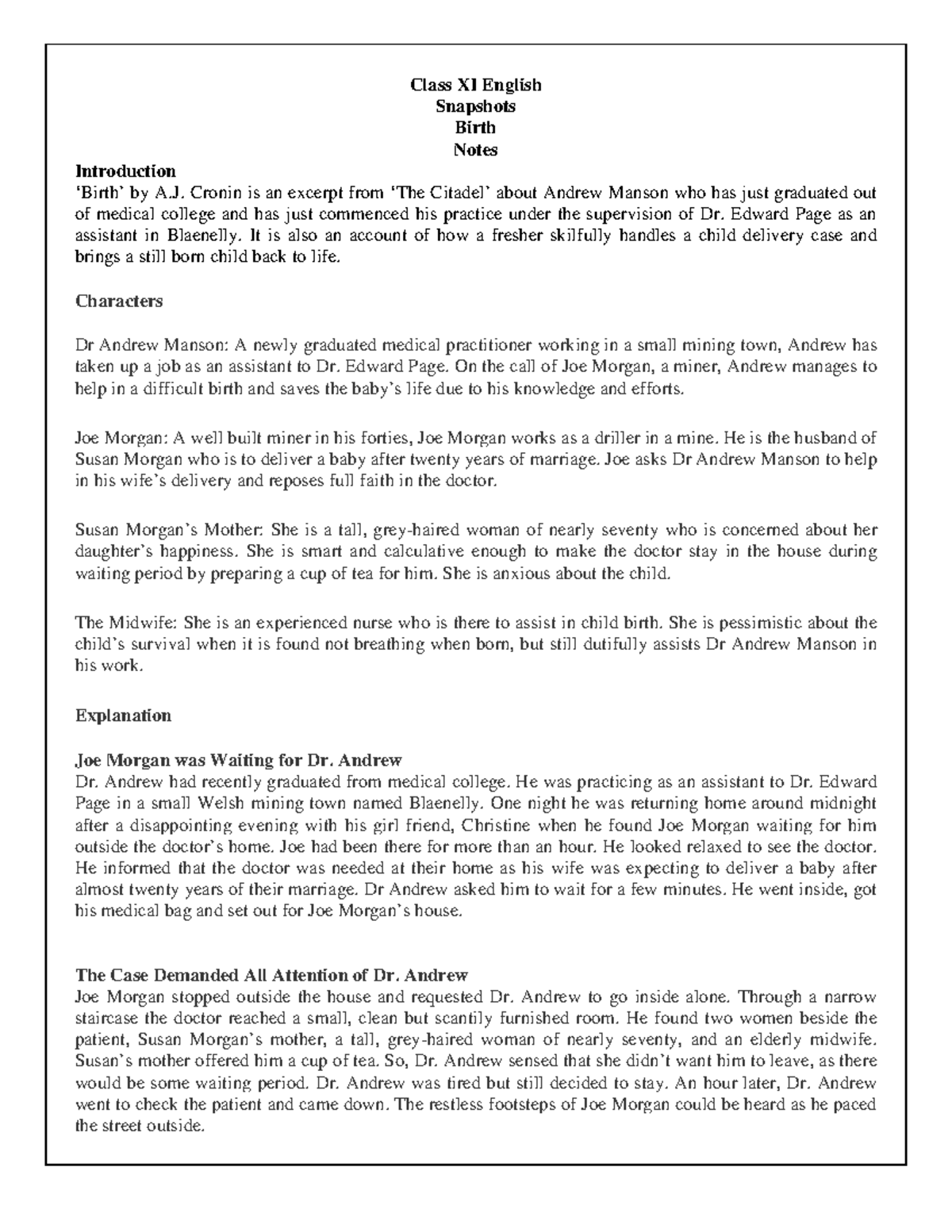 Class XI English - Birth: Comprehensive Notes and Analysis - Studocu