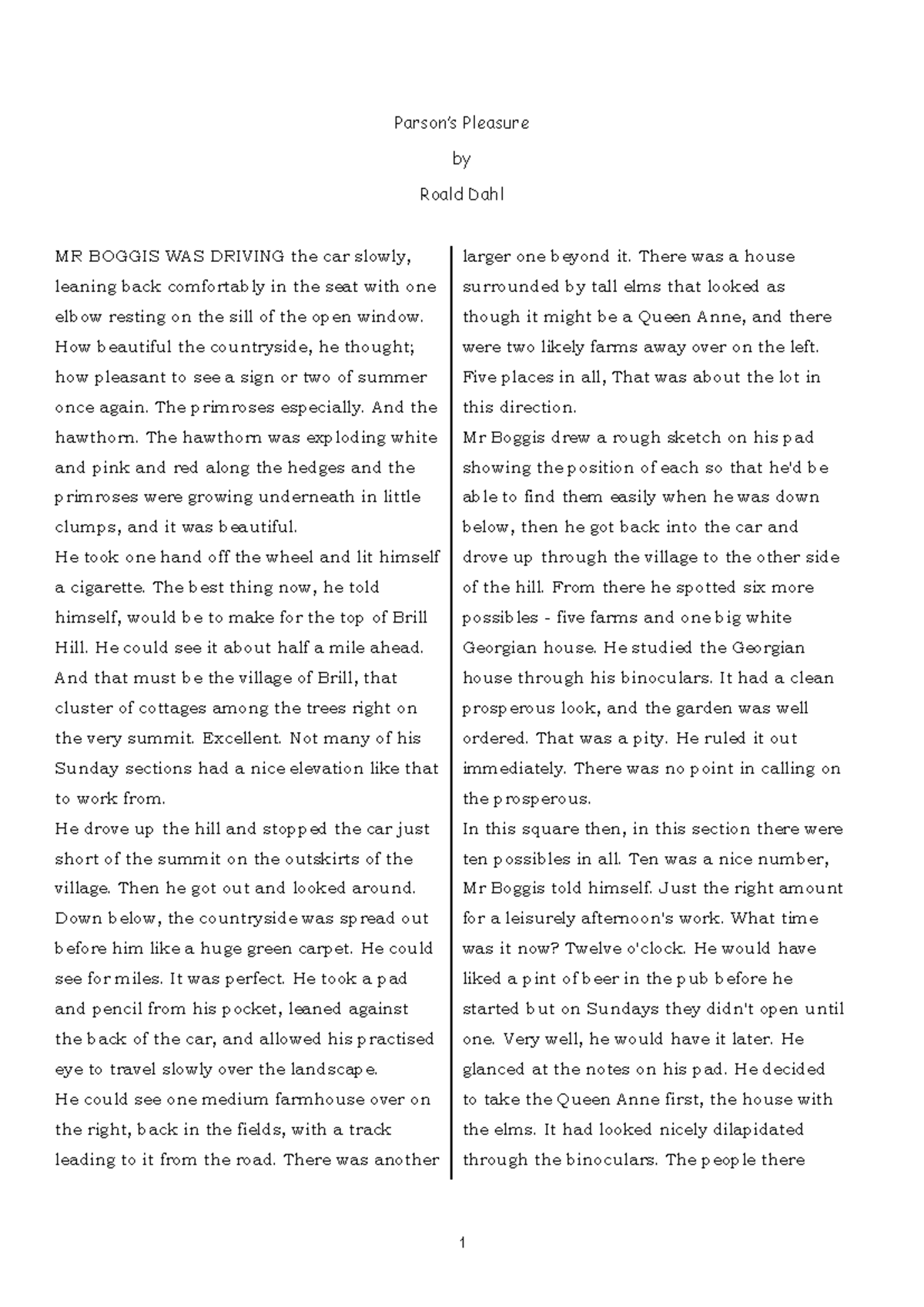 Parsons Pleasure: Analysis and Themes in Roald Dahl's Story - Studocu