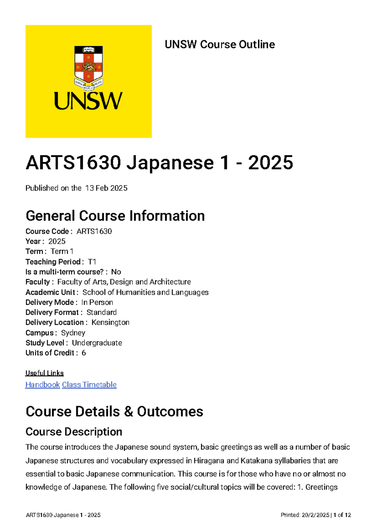 CO ARTS1630 1 2025 Term1 T1 In Person Standard Kensington - UNSW Course ...