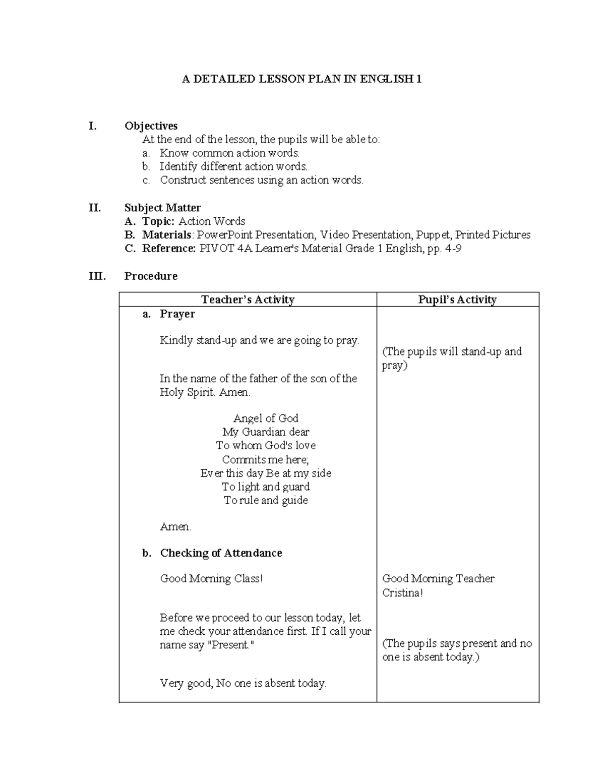 A Detailed Lesson PLAN IN English 1 - A DETAILED LESSON PLAN IN ENGLISH ...