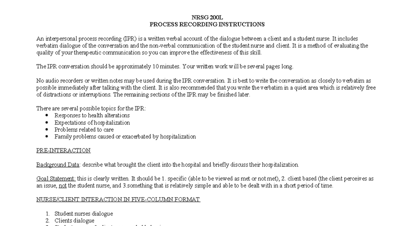 NRSG 200L Interpersonal Process Recording Guidelines - Studocu