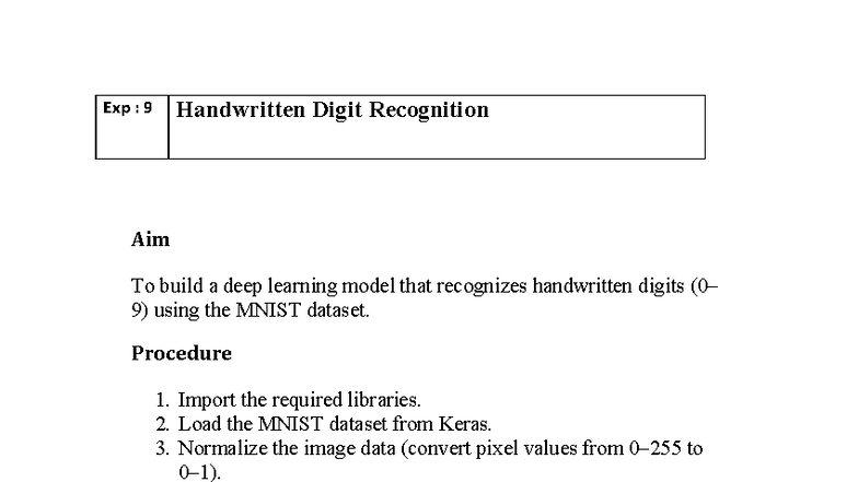 Mini Project: Handwritten Digit Recognition (Exp: 9) Using CNN - Studocu