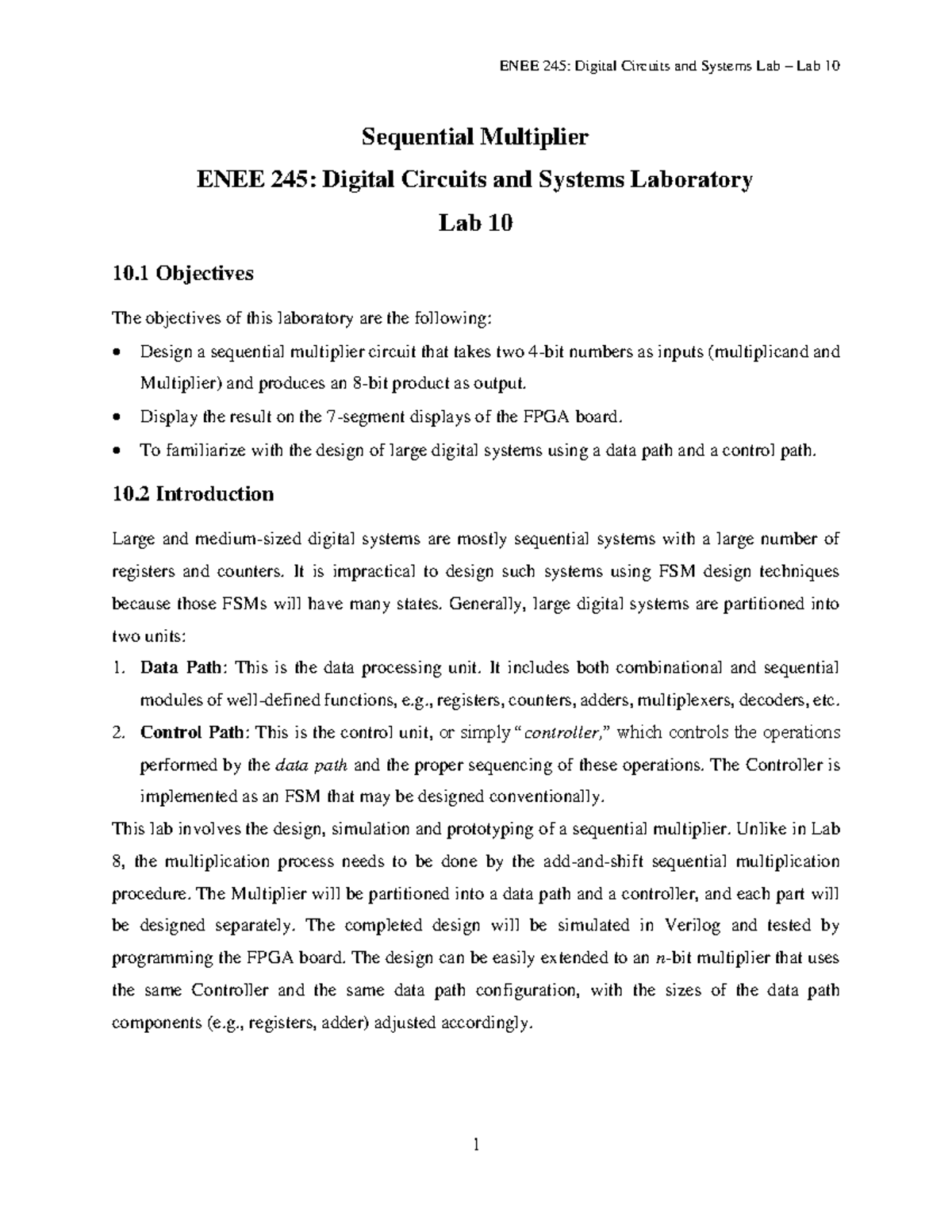 Lab 10-Sequential Multiplier - Sequential Multiplier ENEE 245: Digital ...