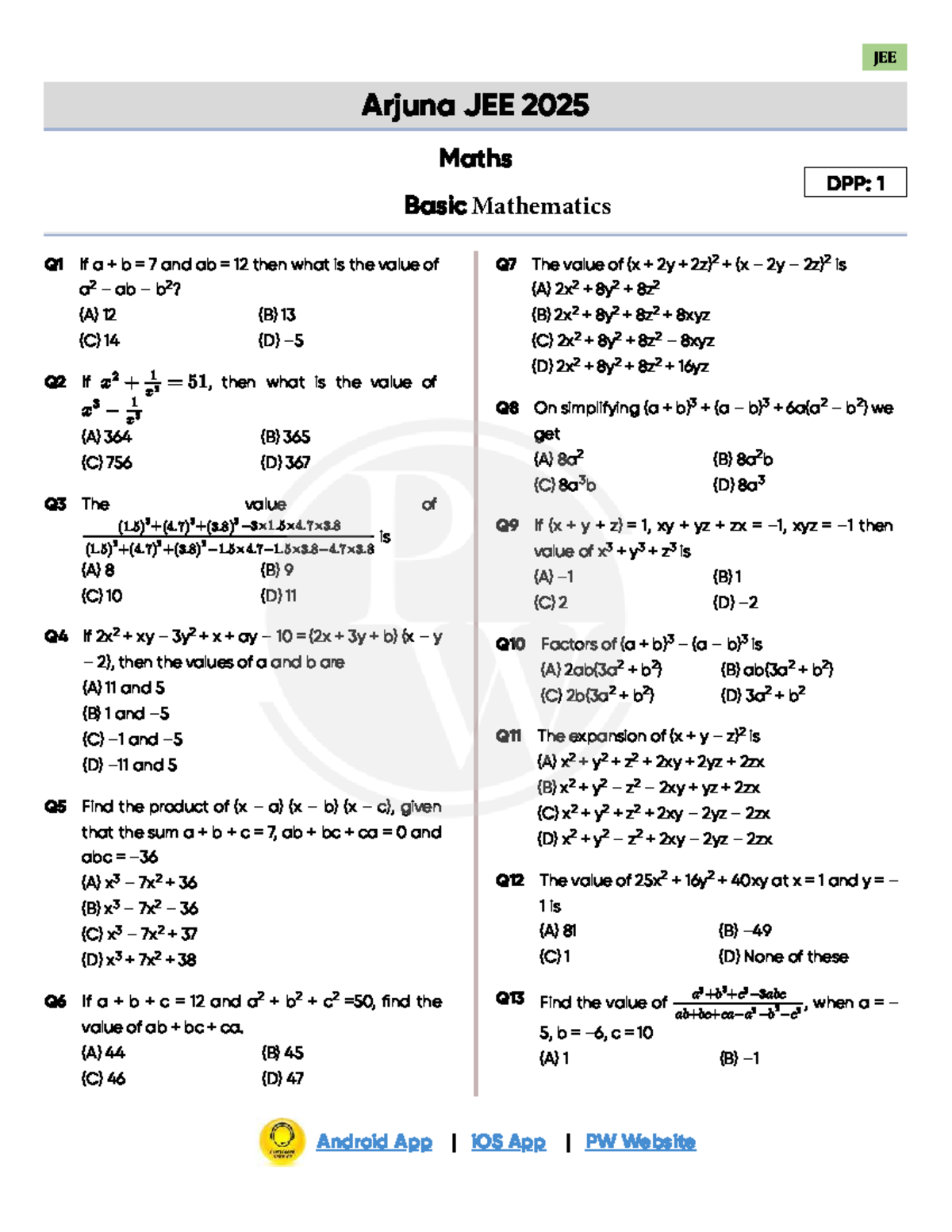 JEE 2025 Basic Mathematics DPP 01: Key Problems & Solutions - Studocu