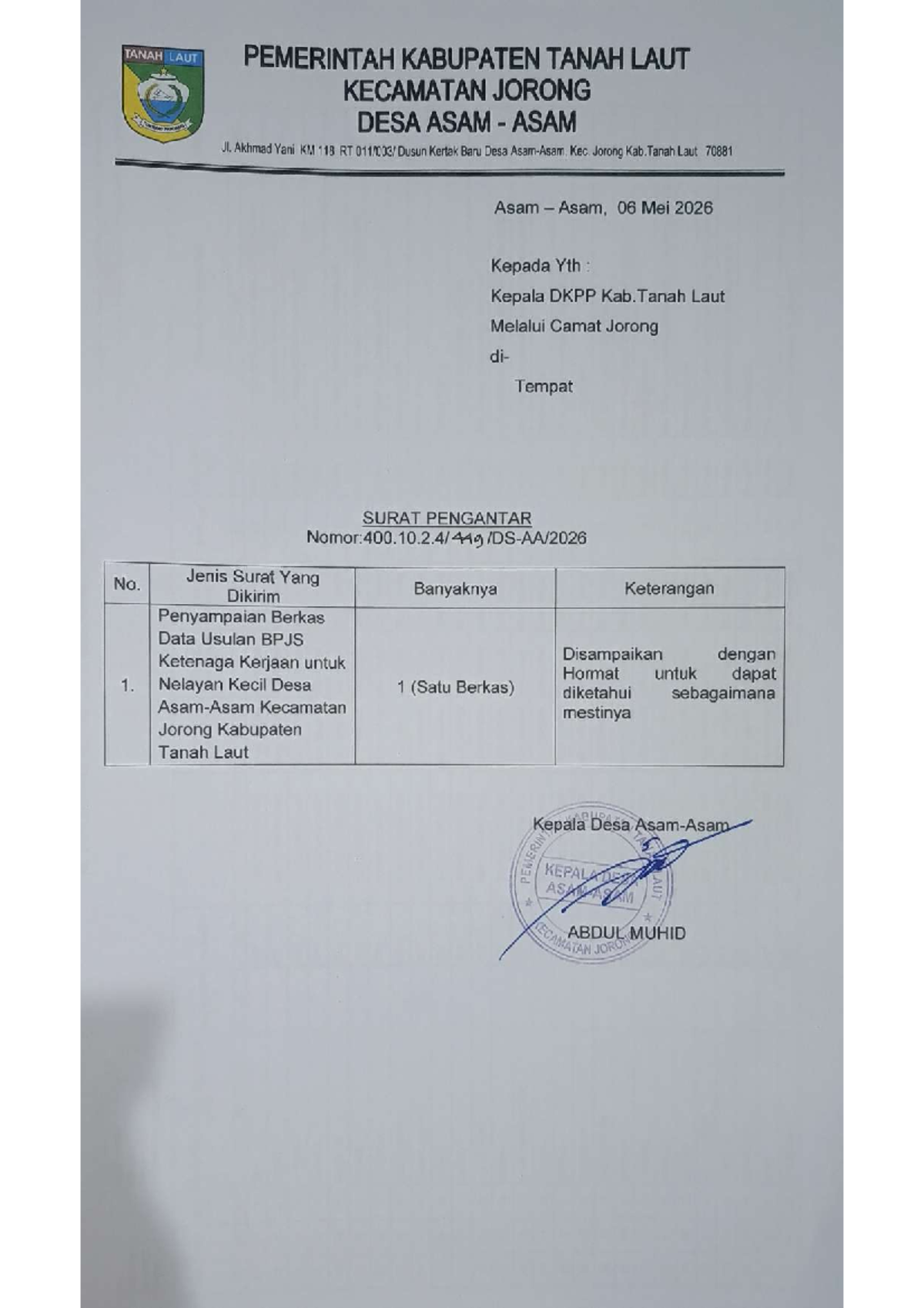 Surat Pengantar Usulan BPJS Ketenagakerjaan Desa Asam-Asam - Studocu