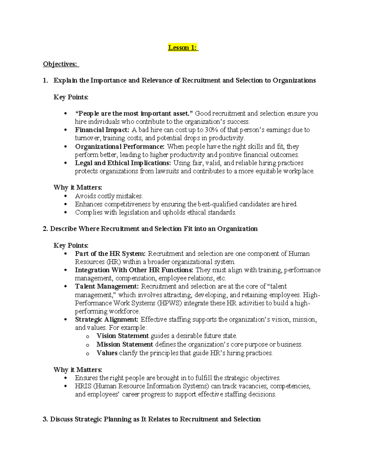 Lesson 1: Recruitment and Selection Objectives and Key Points - Studocu