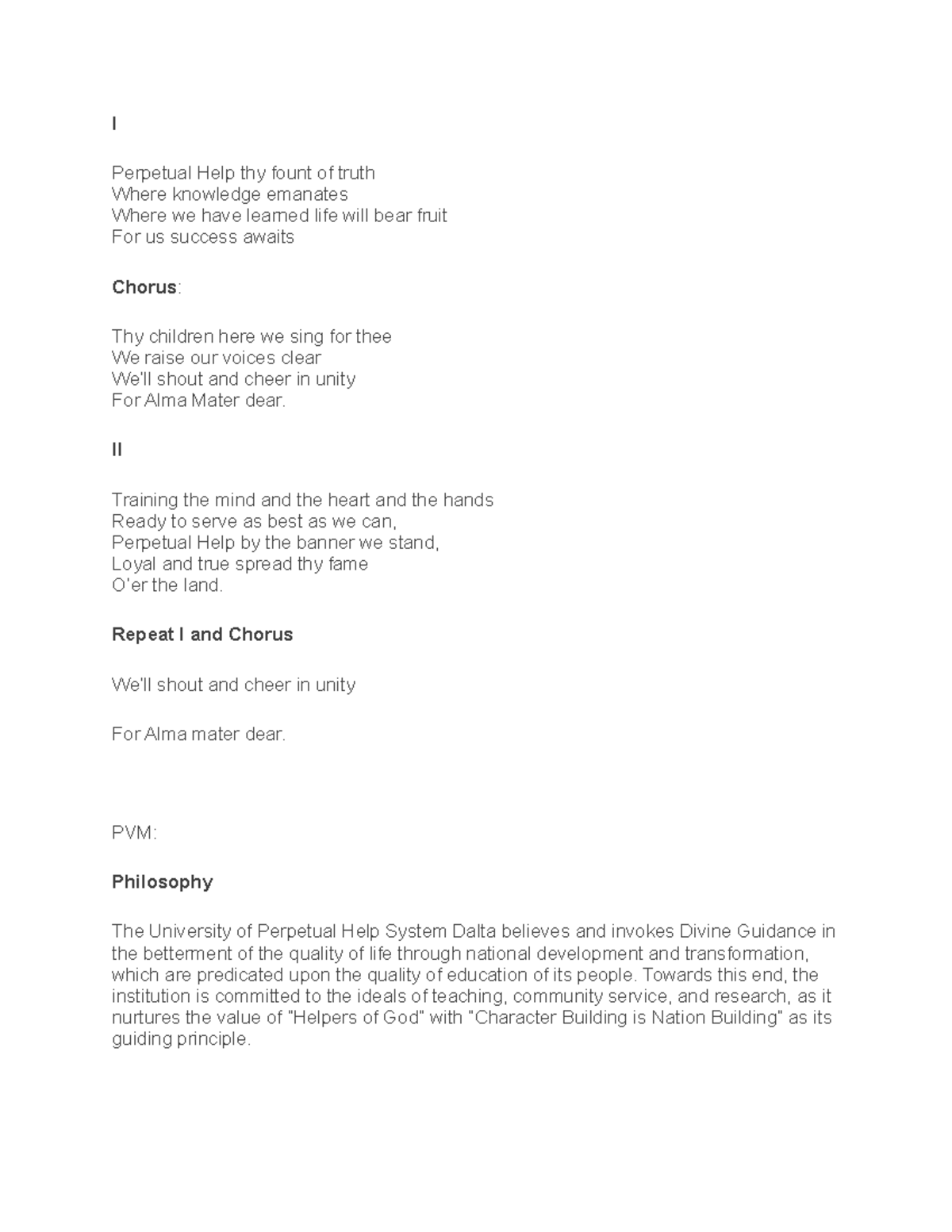 Perpetual Help Hymn & PVM: Principles of Excellence in Education - Studocu