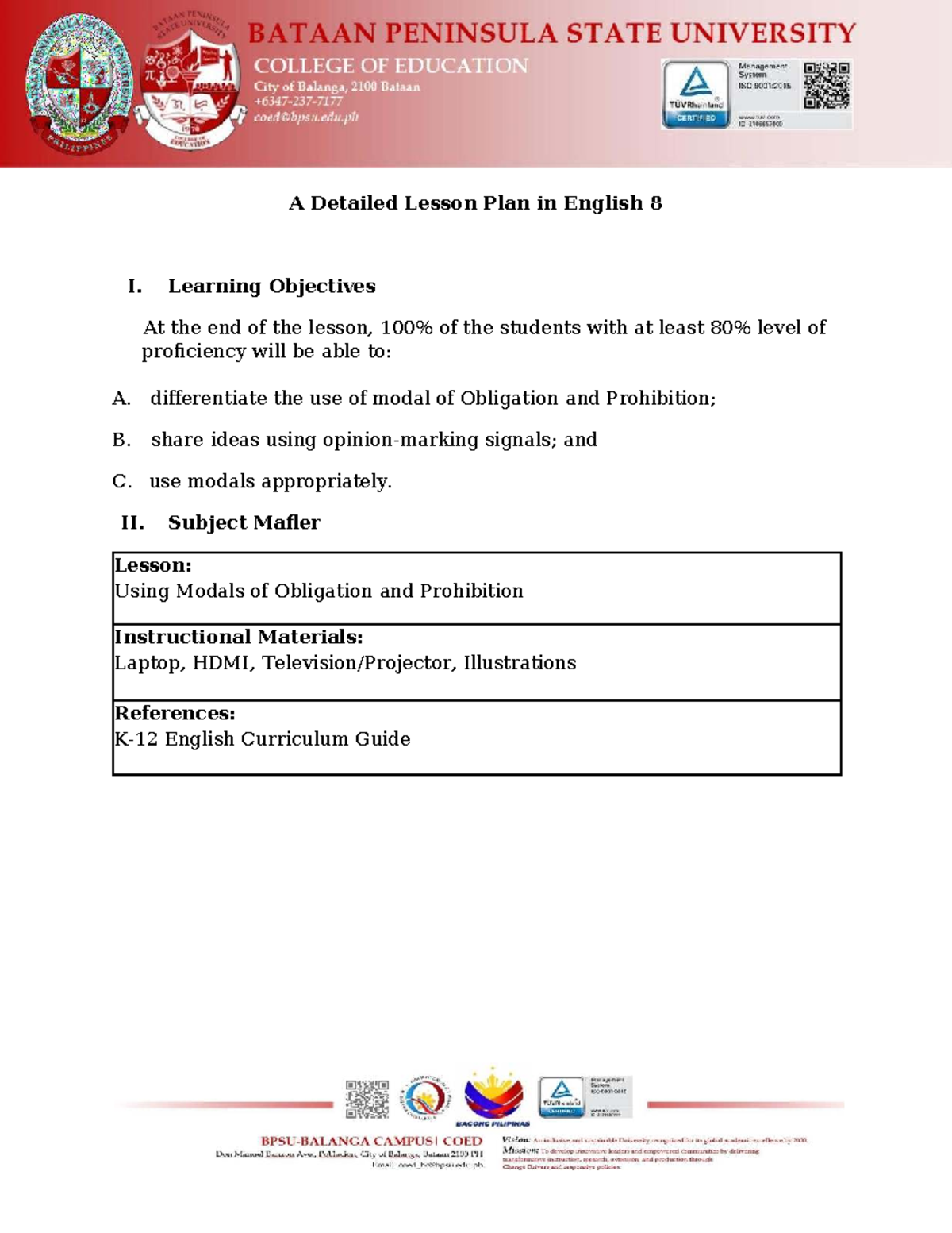 DLP-8: Lesson Plan on Modals of Obligation and Prohibition - Studocu